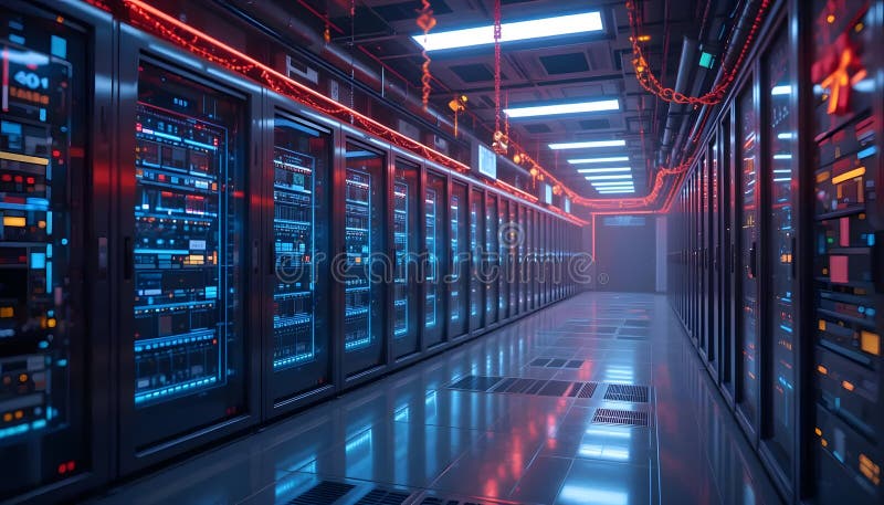 High-Tech Data Center Interior View with Illuminated Racks and Modern ...