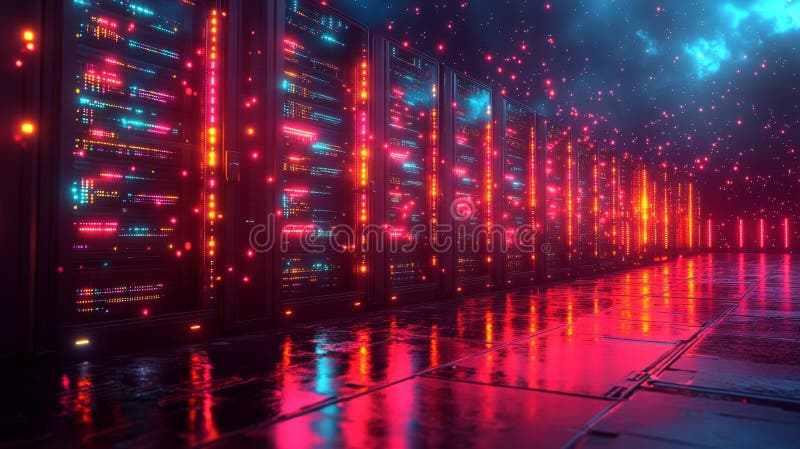 High-Tech Data Center with Neon Lights Generative AI Stock Illustration ...
