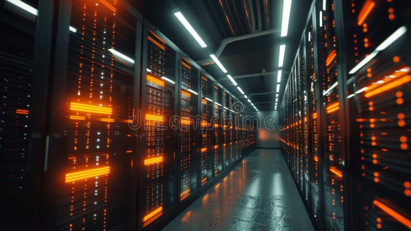High-Tech Data Center with Orange LED Lights, Generative AI Stock Photo ...