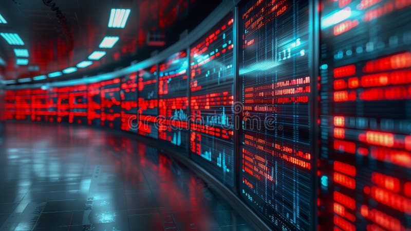 High-Tech Data Center with Red Digital Displays Stock Illustration ...