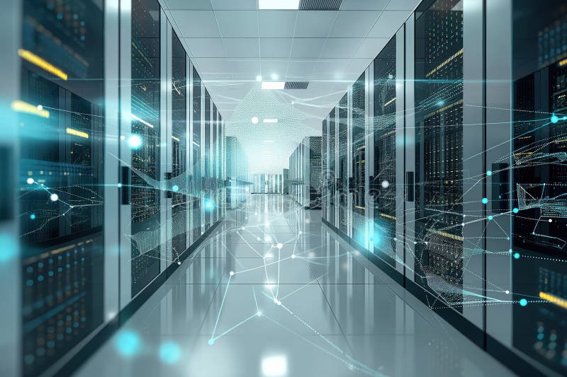 High-tech Data Center Room with Row of Servers in a Dark Blue ...