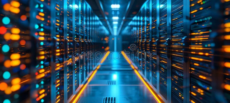 High-tech Data Center with Rows of Illuminated Server Racks in Perspective View Stock Image ...