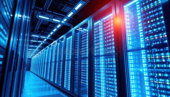 High Tech Data Center with Rows of Illuminated Server Racks, Showcasing Advanced Technology and ...