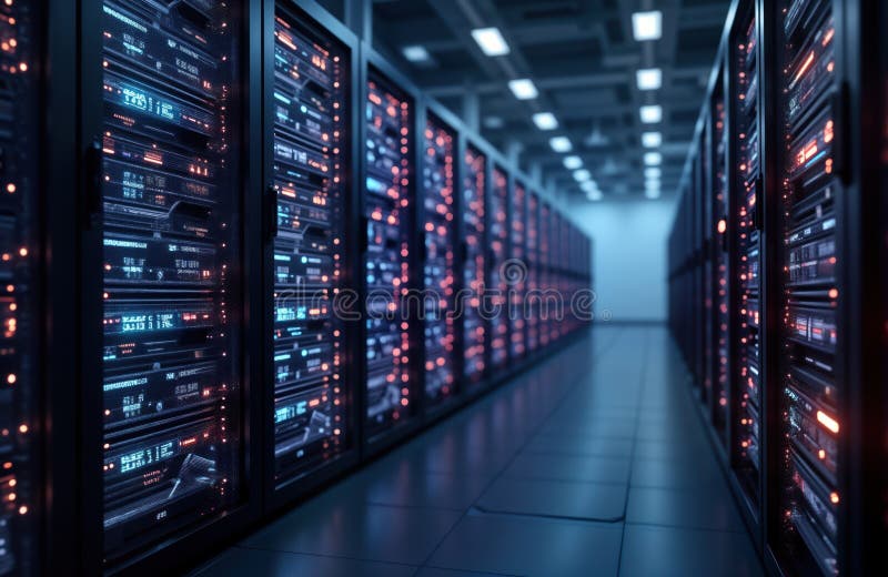 High-tech Data Center Rows of Servers. Advanced Tech Infrastructure Visualized with Digital ...