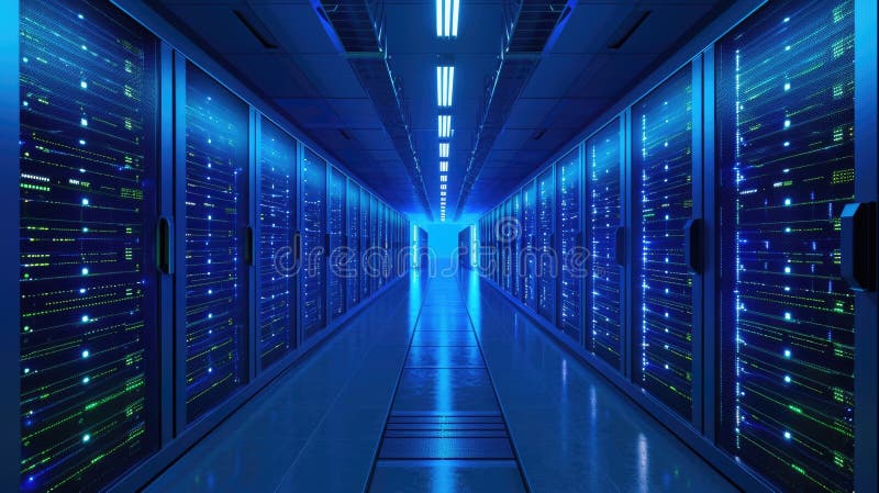 A High-tech Data Center with Rows of Servers, Blue and Green ...
