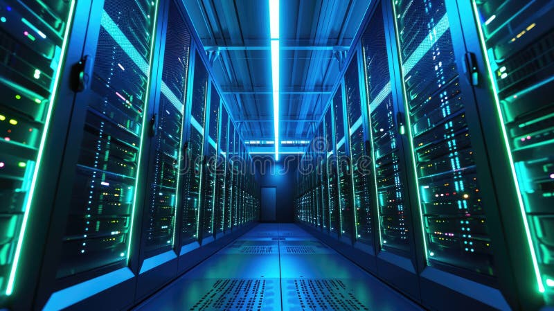 A High-tech Data Center with Rows of Servers, Blue and Green ...