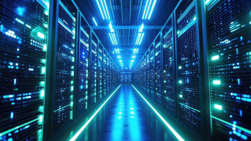 A High-tech Data Center with Rows of Servers, Blue and Green ...