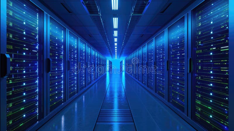 A High-tech Data Center with Rows of Servers, Blue and Green ...