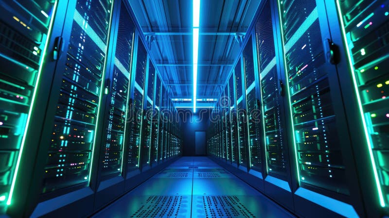 A High-tech Data Center with Rows of Servers, Blue and Green ...