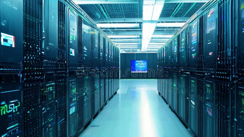 High-Tech Data Center with Rows of Servers Illuminated by LED Lights ...