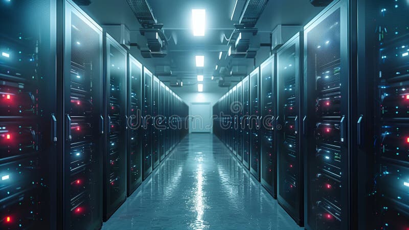High-Tech Data Center with Rows of Servers and LED Lights Illuminating the Aisles in a Modern ...