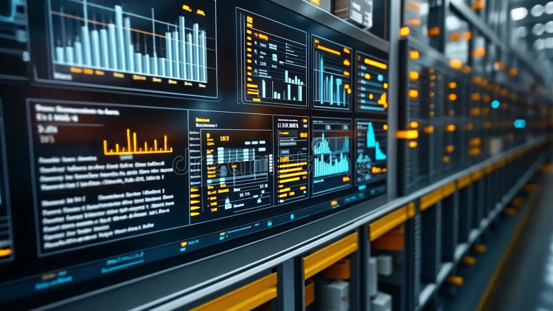 High-tech Data Center with Server Racks and Analytics Displays at Peak ...
