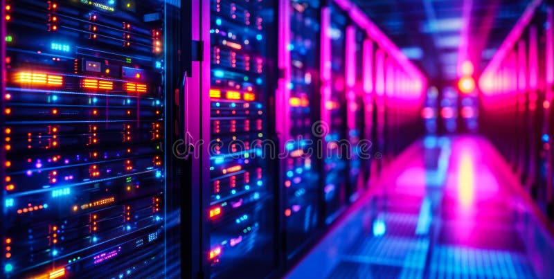 High-Tech Data Center Server Racks with Glowing LED Lights, Symbolizing ...