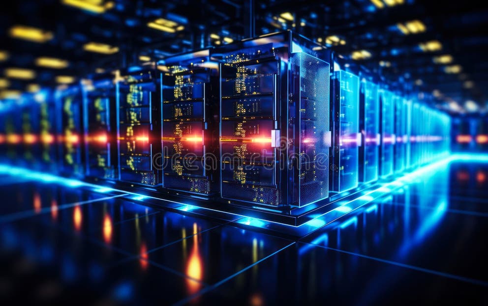 High-Tech Data Center Server Racks with Glowing LED Lights, Symbolizing ...