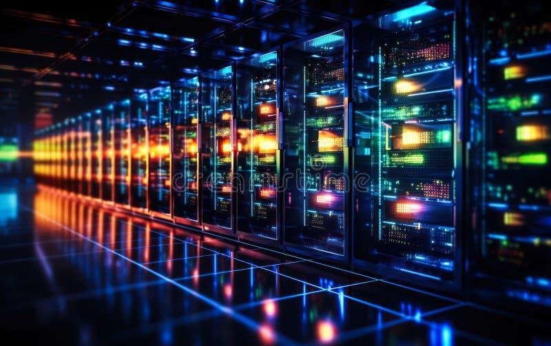 High-Tech Data Center Server Racks with Glowing LED Lights, Symbolizing ...