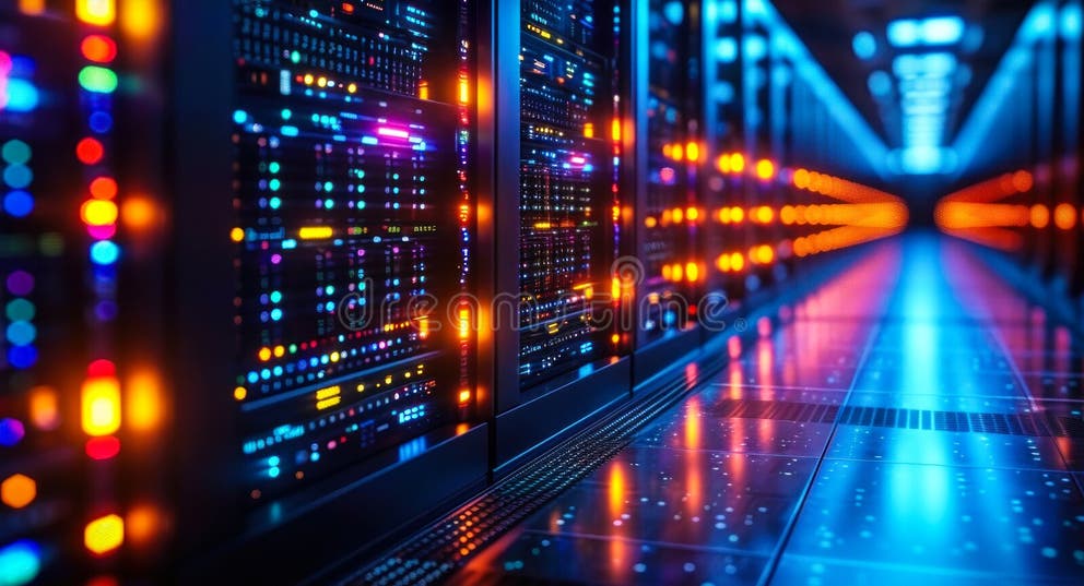 High-Tech Data Center Server Racks with Glowing LED Lights, Symbolizing ...