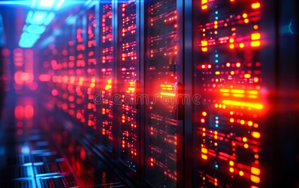 High-Tech Data Center Server Racks with Glowing LED Lights, Symbolizing Network Infrastructure ...
