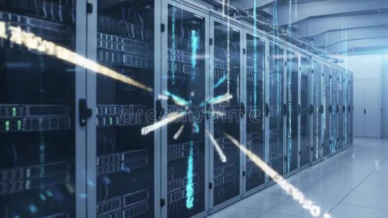 High-Tech Data Center Server Room with Fast Data Streams and Binary Code Visualization Stock ...