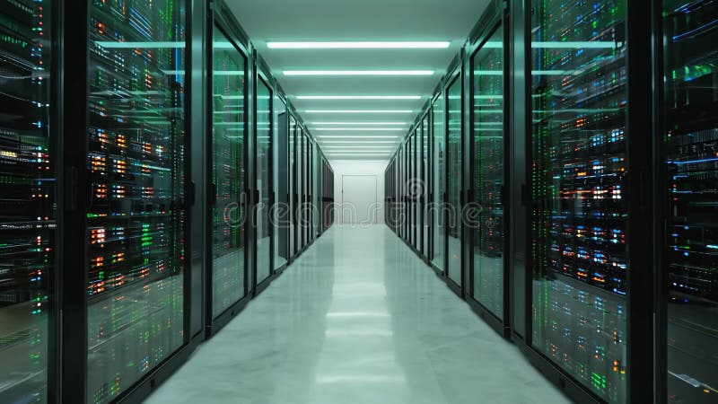Futuristic Data Center Server Room with Modern Green LED Lighting ...