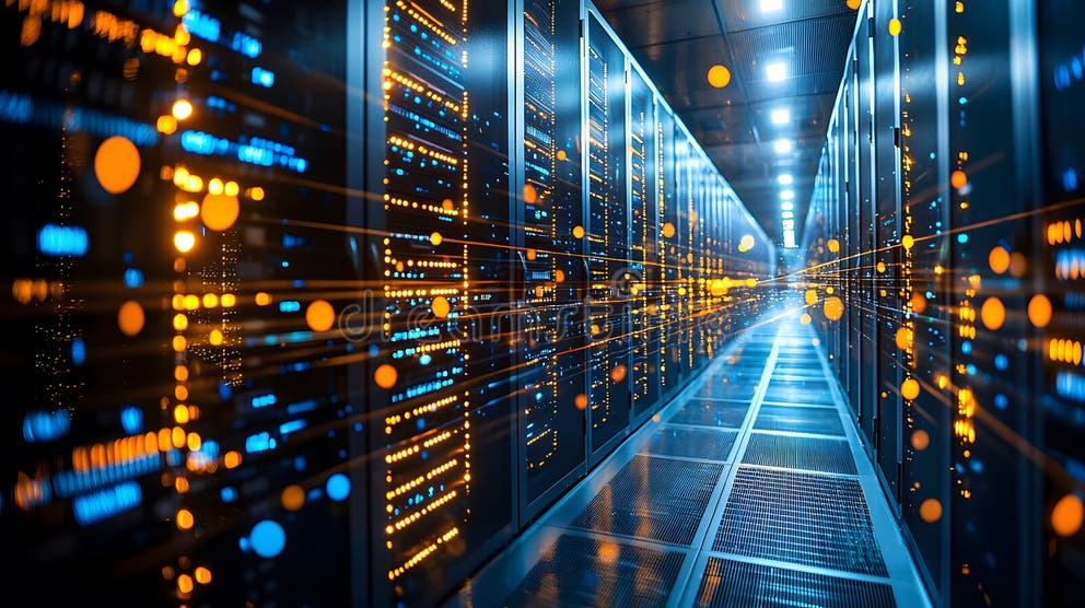 High Tech Data Center Server Room with Illuminated Network Pathways and ...