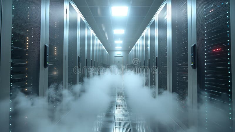 High-Tech Data Center with Servers and Fog in a Modern Facility at ...