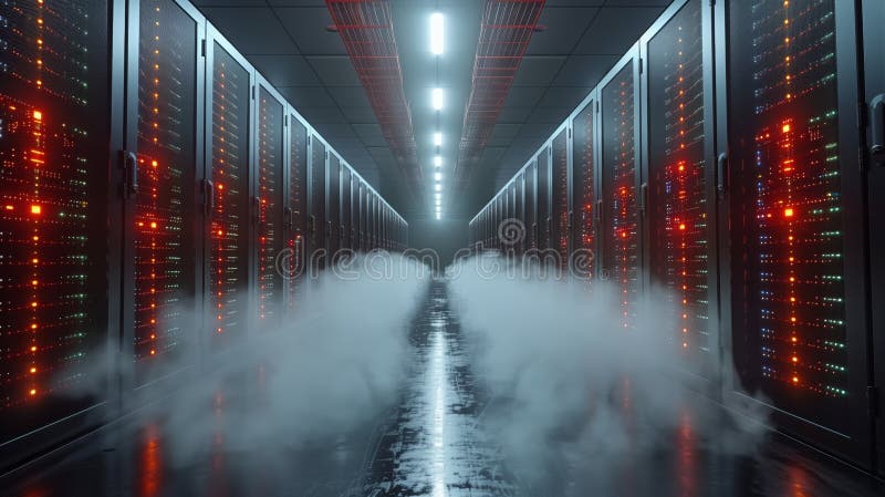 High-Tech Data Center with Servers Illuminated by Red Lights and Steam ...