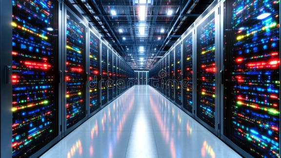 High-tech Data Center with Servers Illuminating the Corridor in Vibrant ...