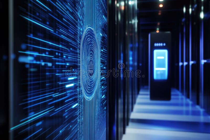 Modern Data Center with Vibrant Blue Lights Illuminating Sleek ...