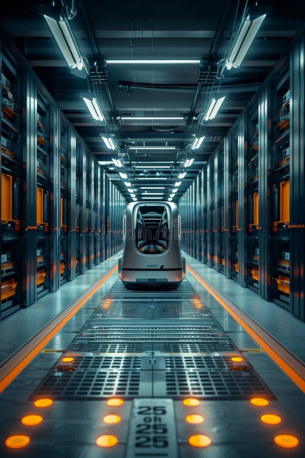 High-tech Data Center with a Sleek Robotic System Navigating Server ...