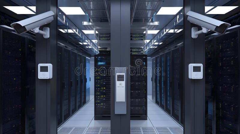High-Tech Data Center with Surveillance Cameras and Server Racks in Focus Stock Illustration ...
