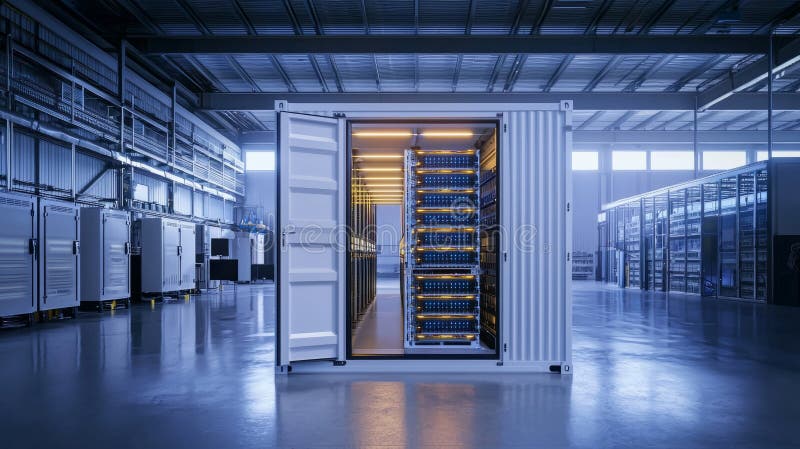 High-tech Data Center Unit Housed Inside an Open-door White Container ...