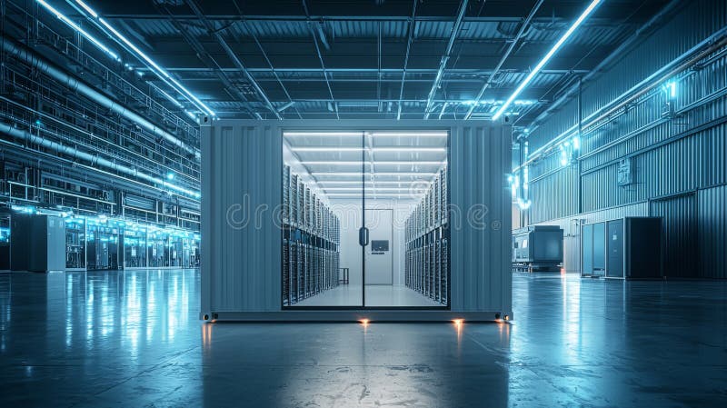 High-tech Data Center Unit Housed Inside an Open-door White Container ...