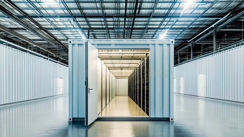 A High-tech Data Center Unit Housed Inside an Open-door White Container ...