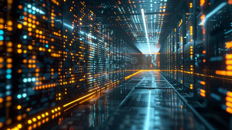 High-tech Data Corridor with Blue and Orange Lights Stock Image - Image ...