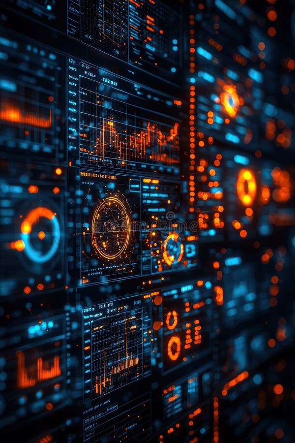 High-Tech Data Interface Visualization with Orange and Blue Highlights ...