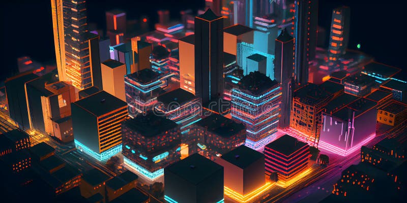 High Tech Data Network Color Grids Over Miniature Cityscape with ...