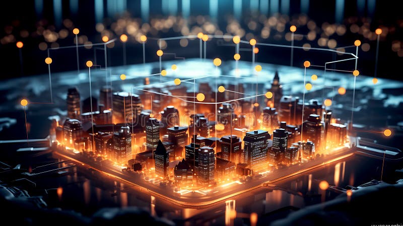 High Tech Data Network Color Grids Over Miniature Cityscape with ...