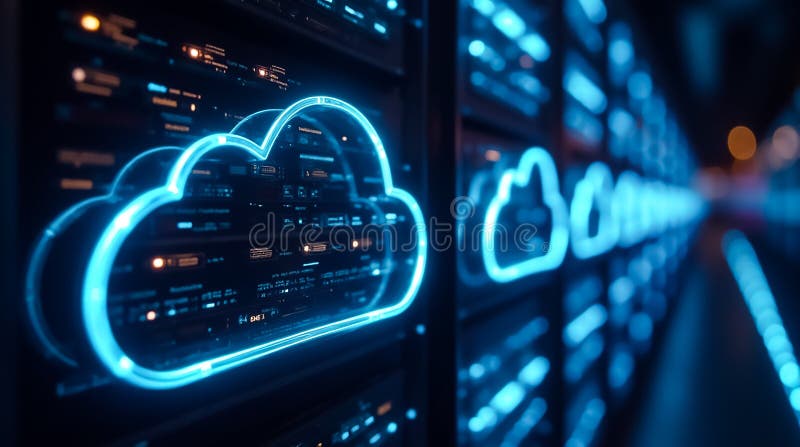 High-tech Data Storage System Displayed with Glowing Cloud Icons in a ...