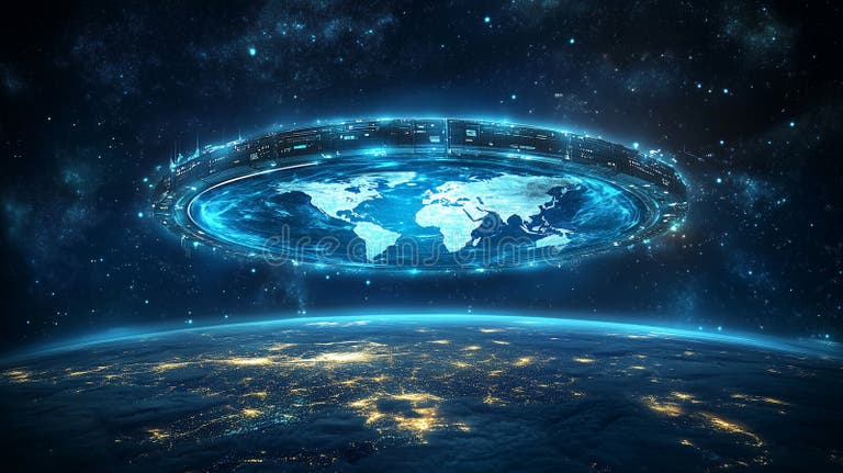 High Tech Deep Space Satellite Orbits Earth, Displaying Advanced ...