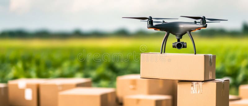 High Tech Delivery Drone Hovering Over Agricultural Field Transporting ...