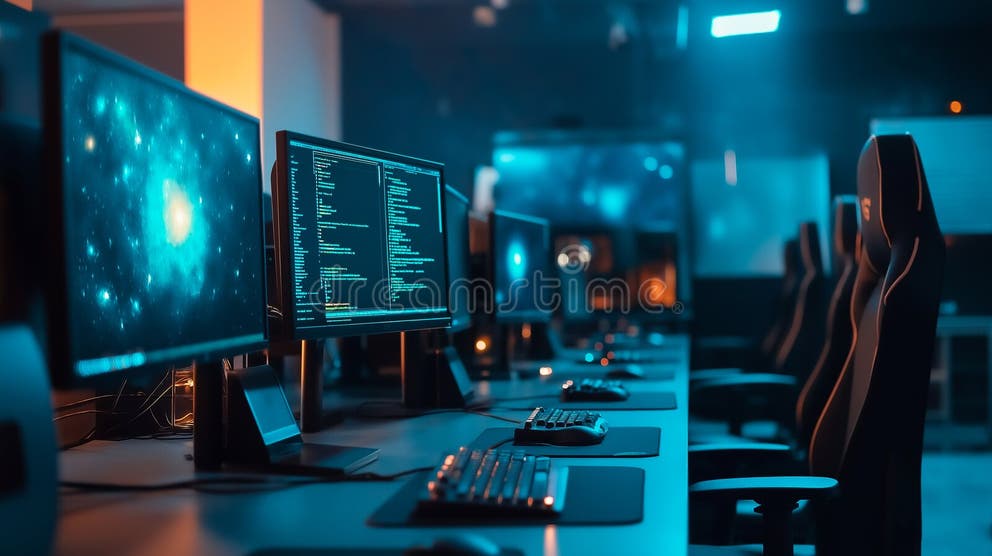 High-tech Desk Setup with Multiple Screens in a Dark Room Stock ...