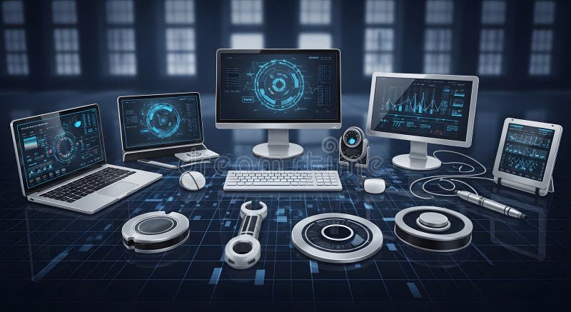 High Tech Devices on Digital Grid Displaying Data and Futuristic ...