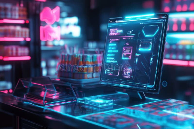 High-tech Digital Assistant Taking Grocery Orders with Neon Glow and ...