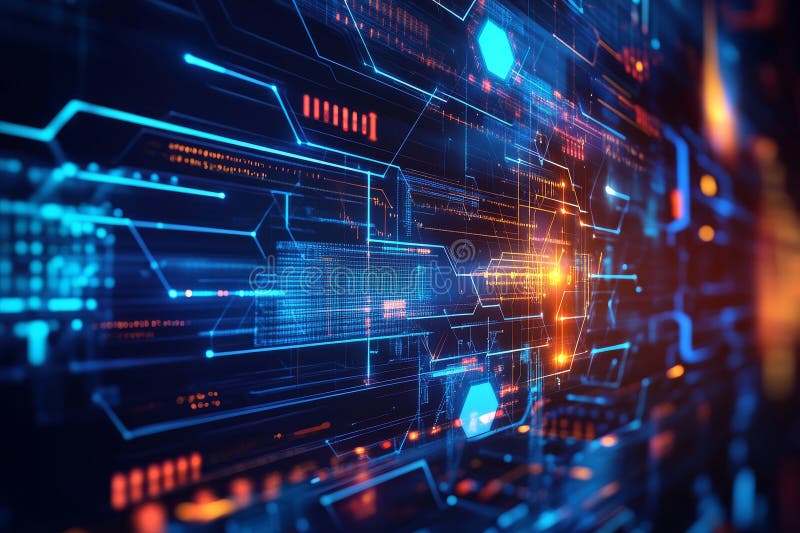 A High-tech Digital Background Featuring Hexagonal Grids, Pulsating Blue Lights, and a ...