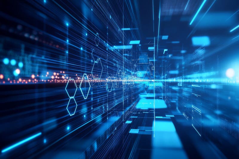 A High-tech Digital Background Featuring Hexagonal Grids, Pulsating Blue Lights, and a ...