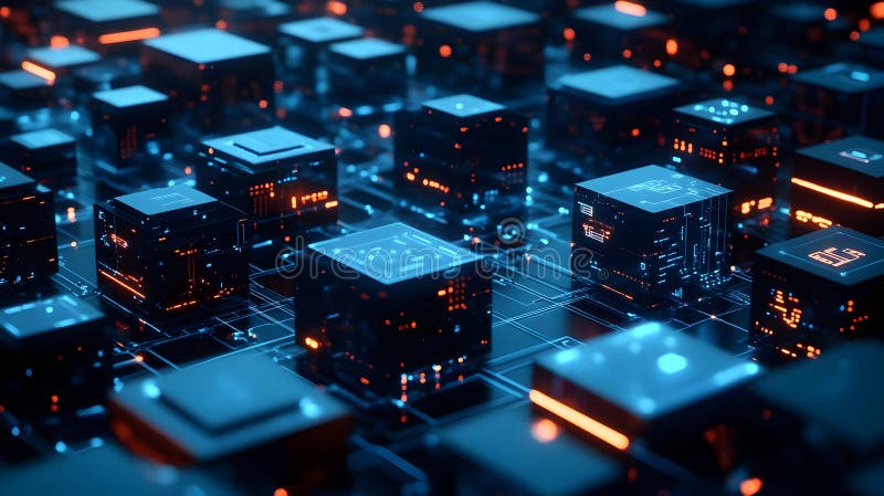 High-Tech Digital Blocks on an Illuminated Circuit Grid Representing Data and Technology ...