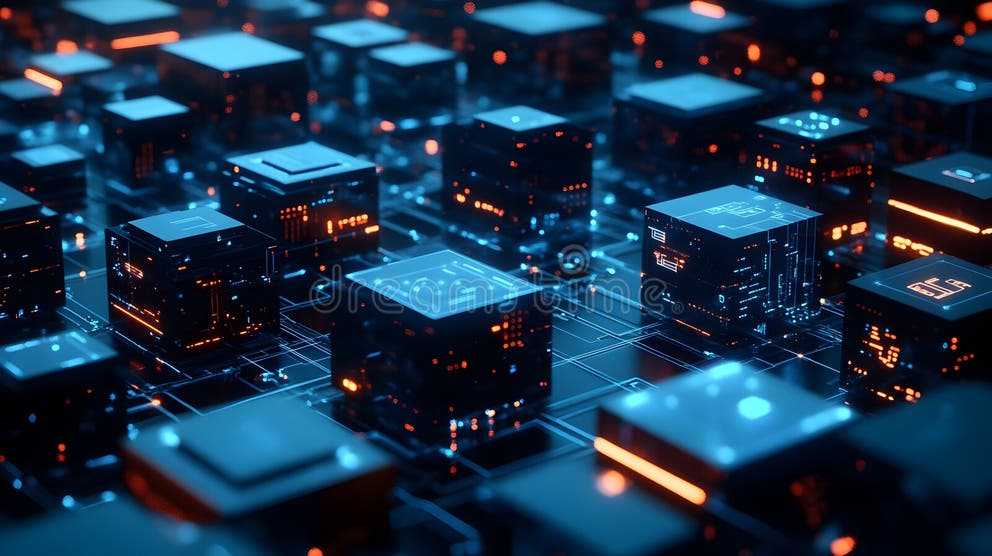 High-Tech Digital Blocks on an Illuminated Circuit Grid Representing Data and Technology ...