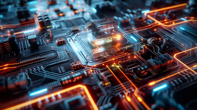 High-Tech Neon-Lit Digital Circuit Board with Glowing Elements Stock ...