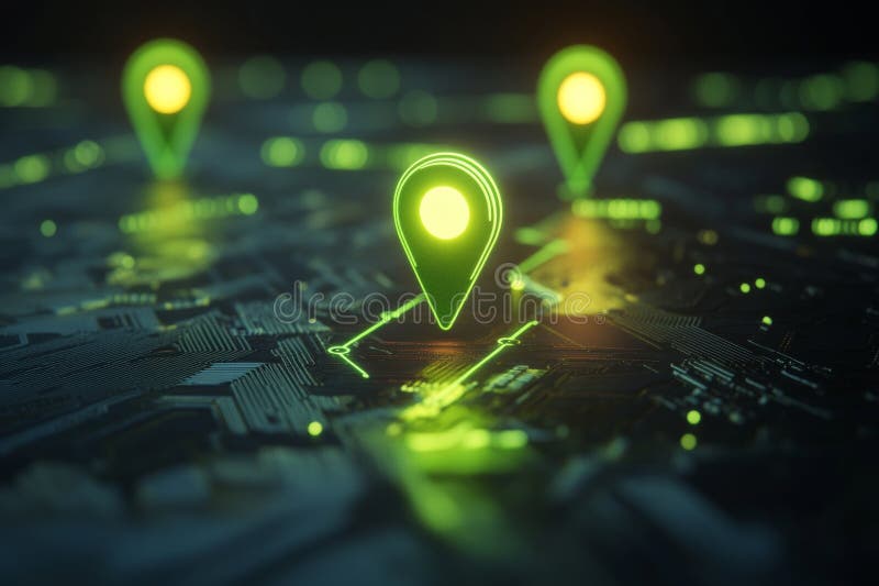 A High-tech Digital City Map with Glowing Green Location Markers is a ...