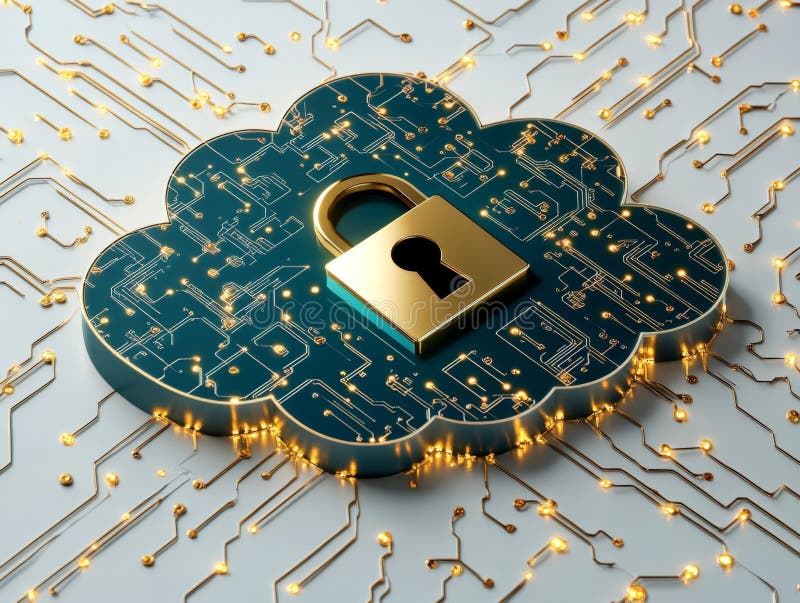 High Tech Digital Cloud Illustration with an Embedded Padlock and ...